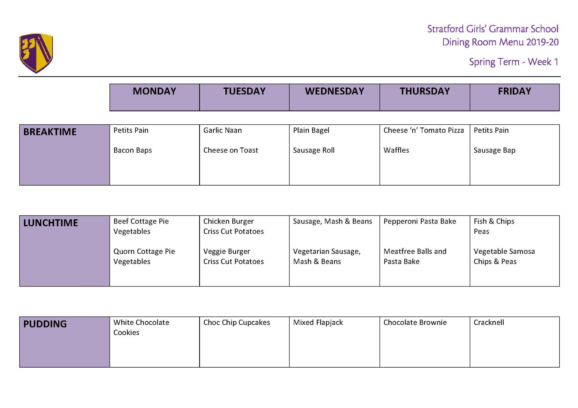 Stratford Girls School - Lunch Menus