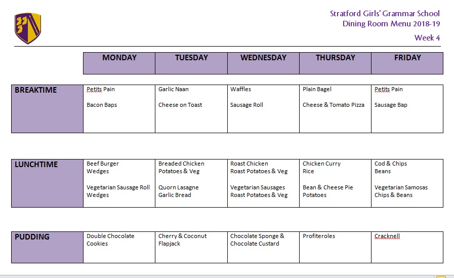 Stratford Girls School - Lunch Menus